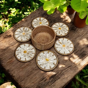 White Daisy Coaster Capiz Shell Inlay Hand Woven Rattan, Coasters Set ...