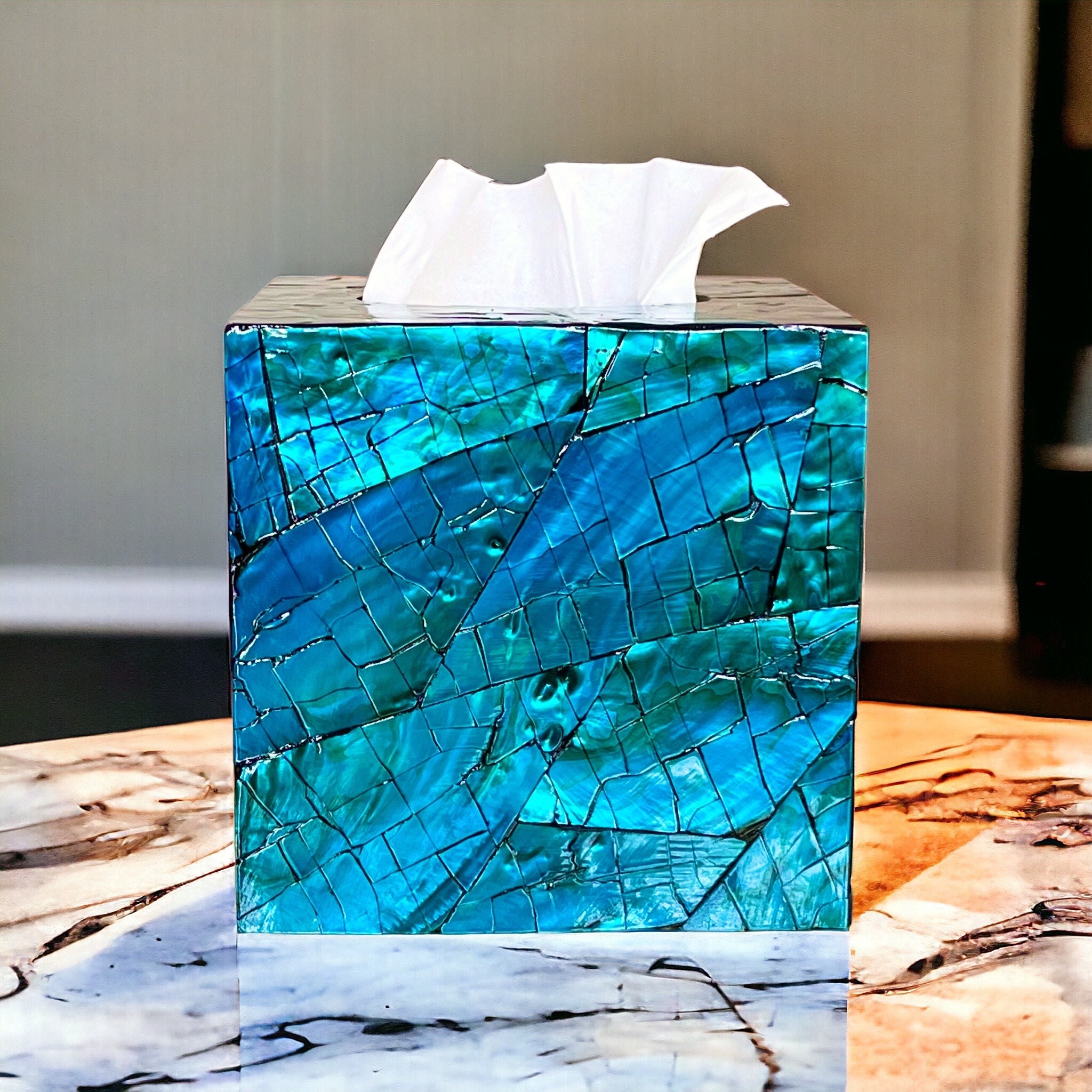 Mother of Pearl Inlay Tissue Box Cover: Ocean Blue Mosaic - Etsy