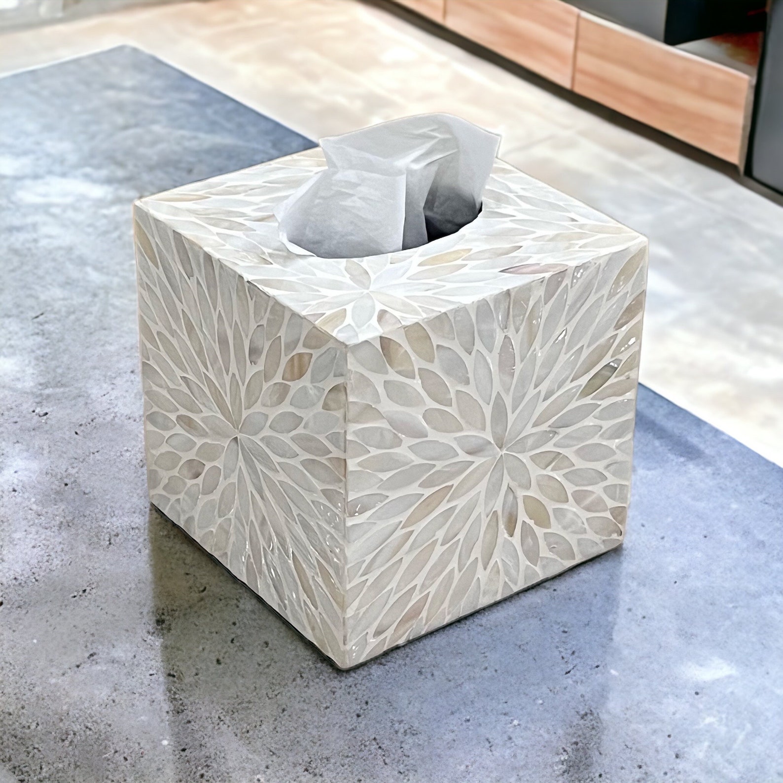 Mother of Pearl Inlay Tissue Box Cover - Ivory Cream Floral Nacre ...
