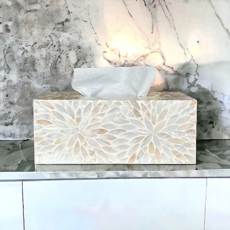 Mother of Pearl Inlay Tissue Box Cover - Ivory Cream Floral Nacre ...