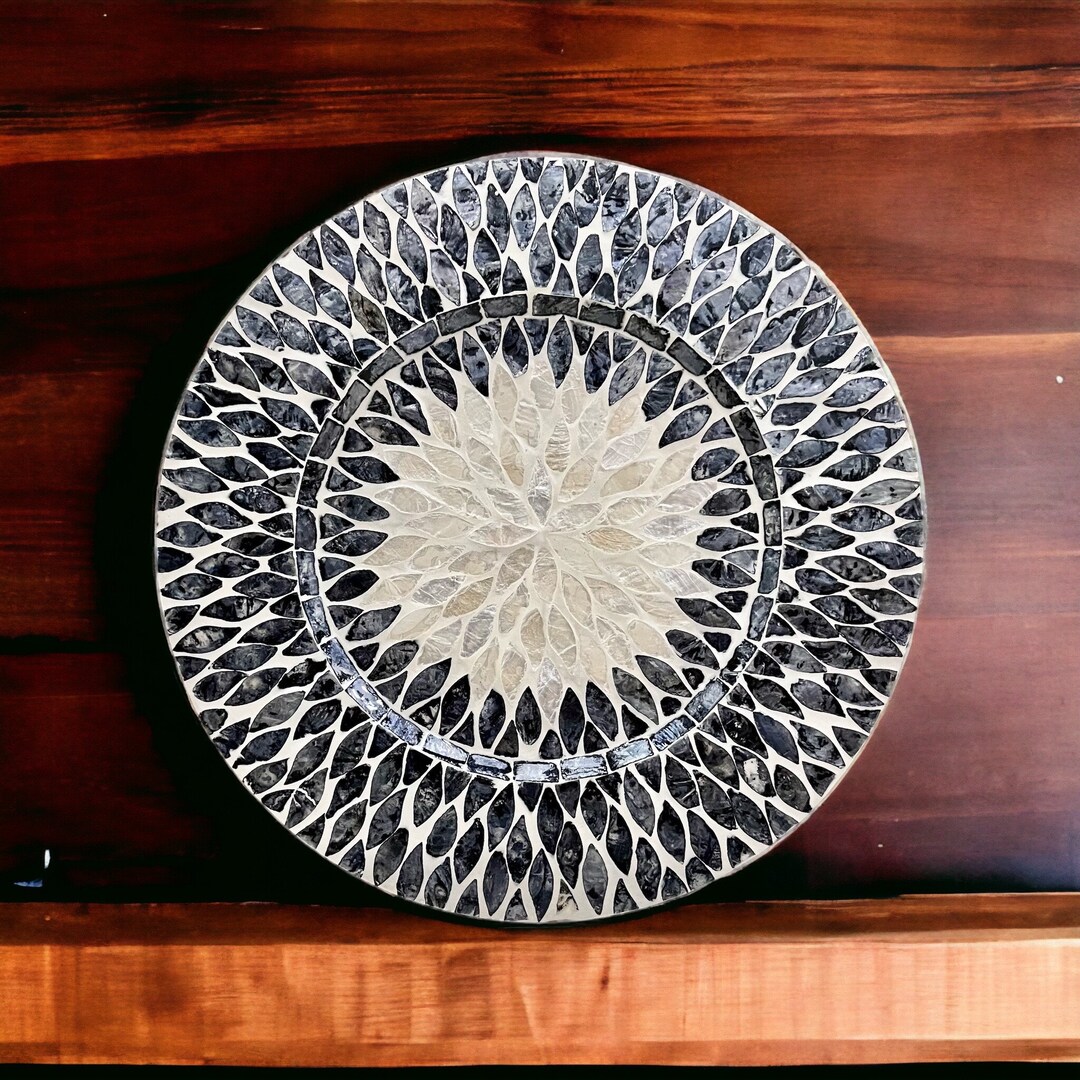Set 2 Black and White Pattern Mother of Pearl Inlay Nacre Wood Charger ...