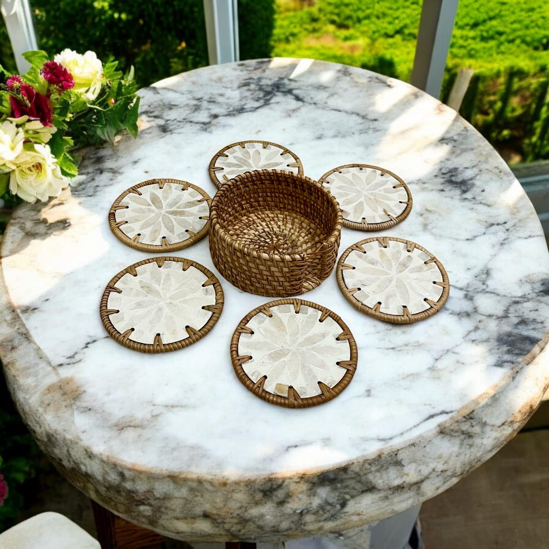 Round Coaster Capiz Shell Inlay Hand Woven Rattan, Coasters Set With ...