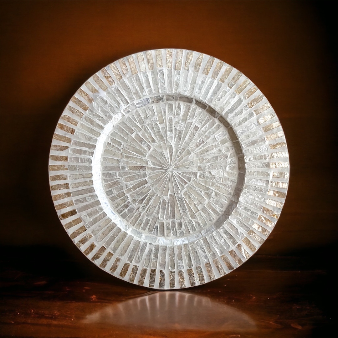 Set 2 White Mother Pearl Inlay Nacre Wood Charger Plates for Dining ...