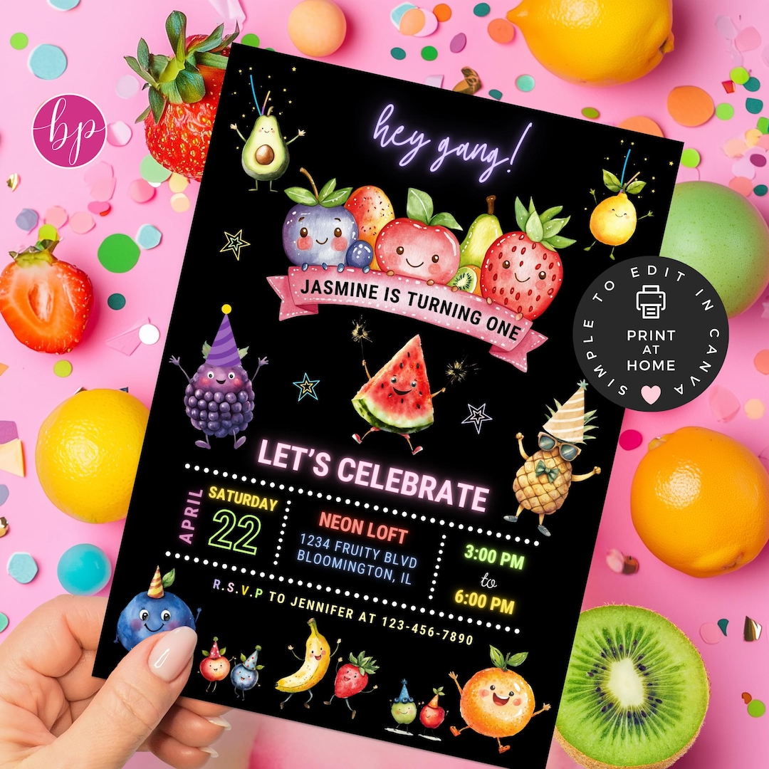 Dancing Fruit Birthday Invitation, Canva Template, Kawaii Dancing ...