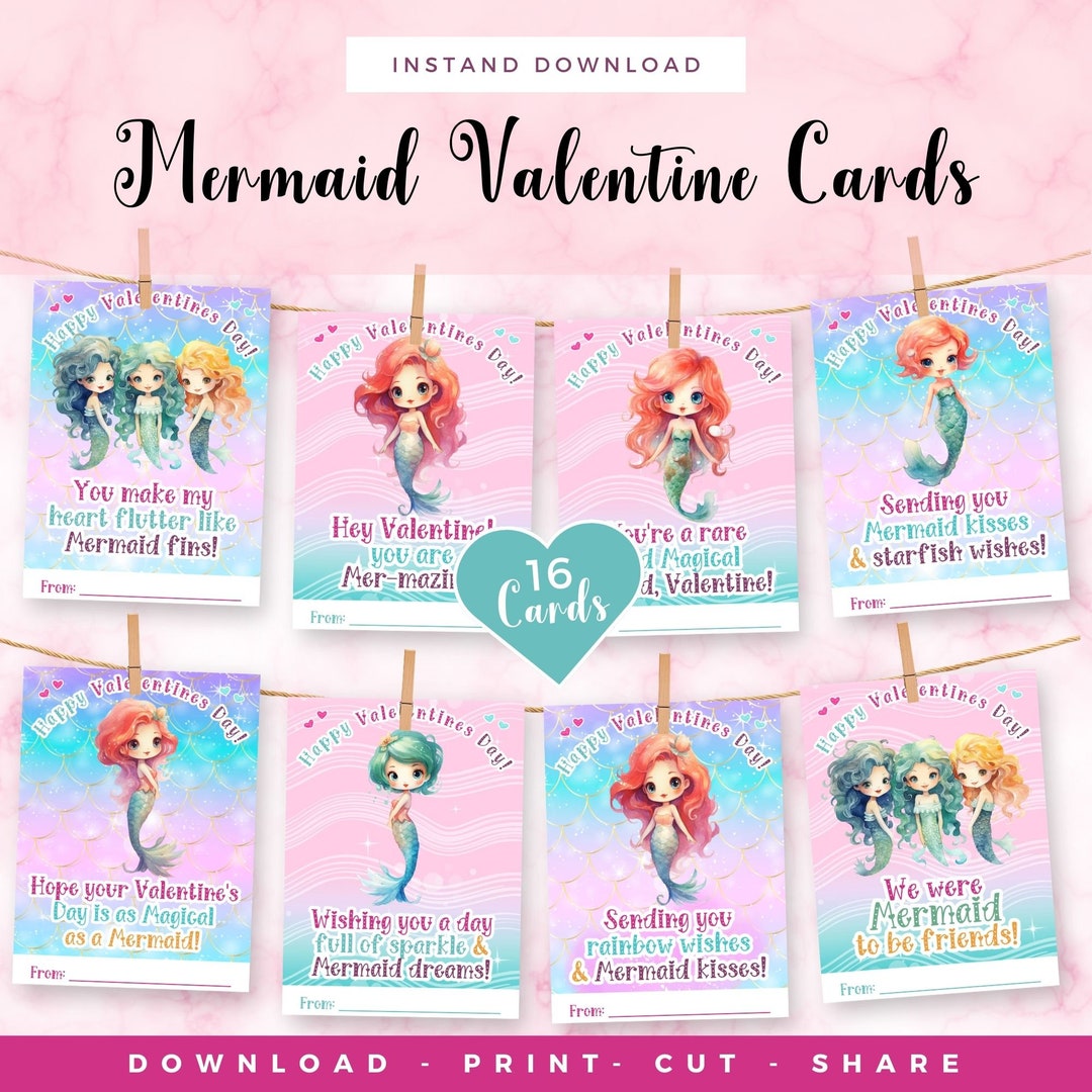 Mermaid Classroom Valentine Cards Set of 16 Instant Download BPV004 - Etsy
