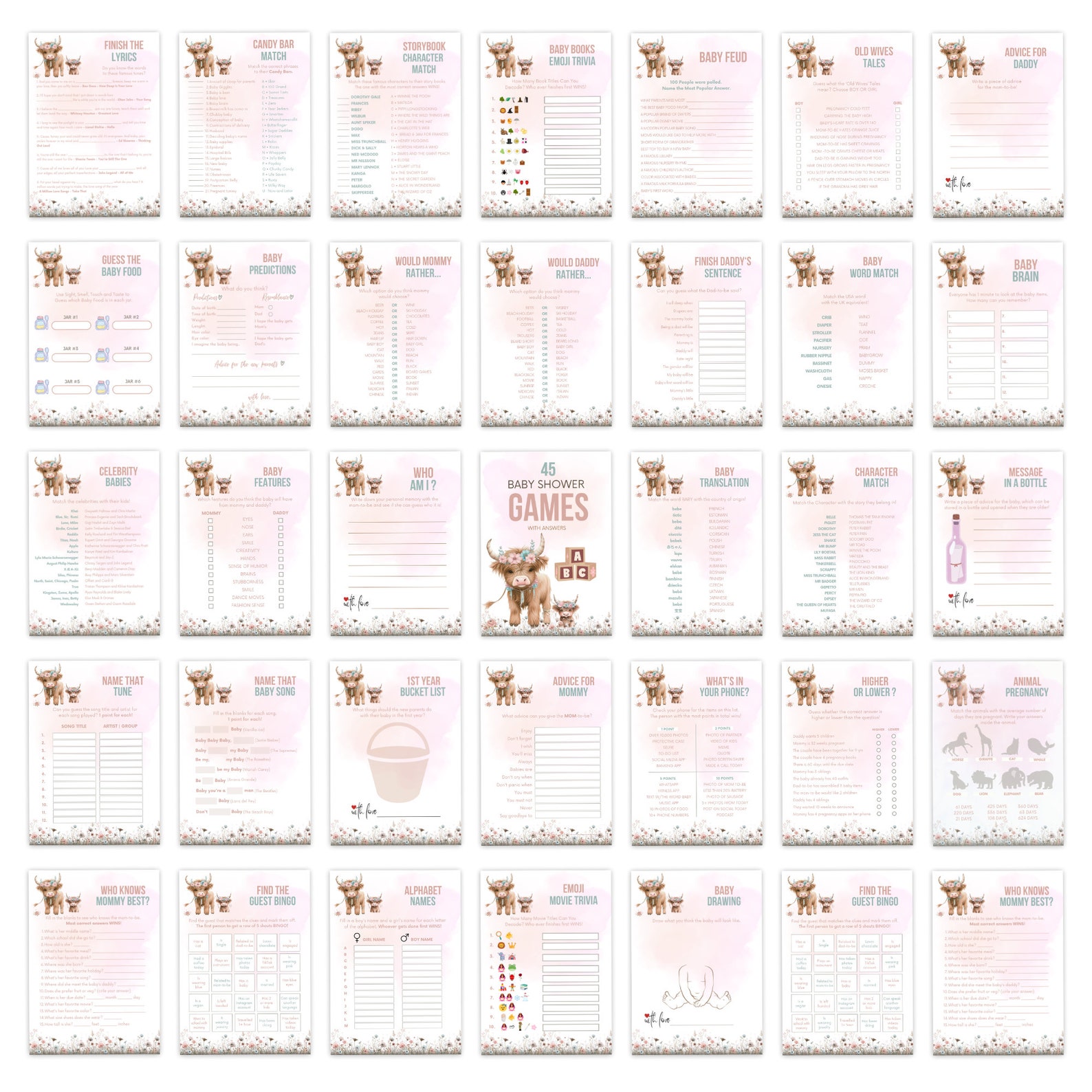 Highland Cow Baby Shower Game Bundle Editable, Girl Highland Cow Baby ...