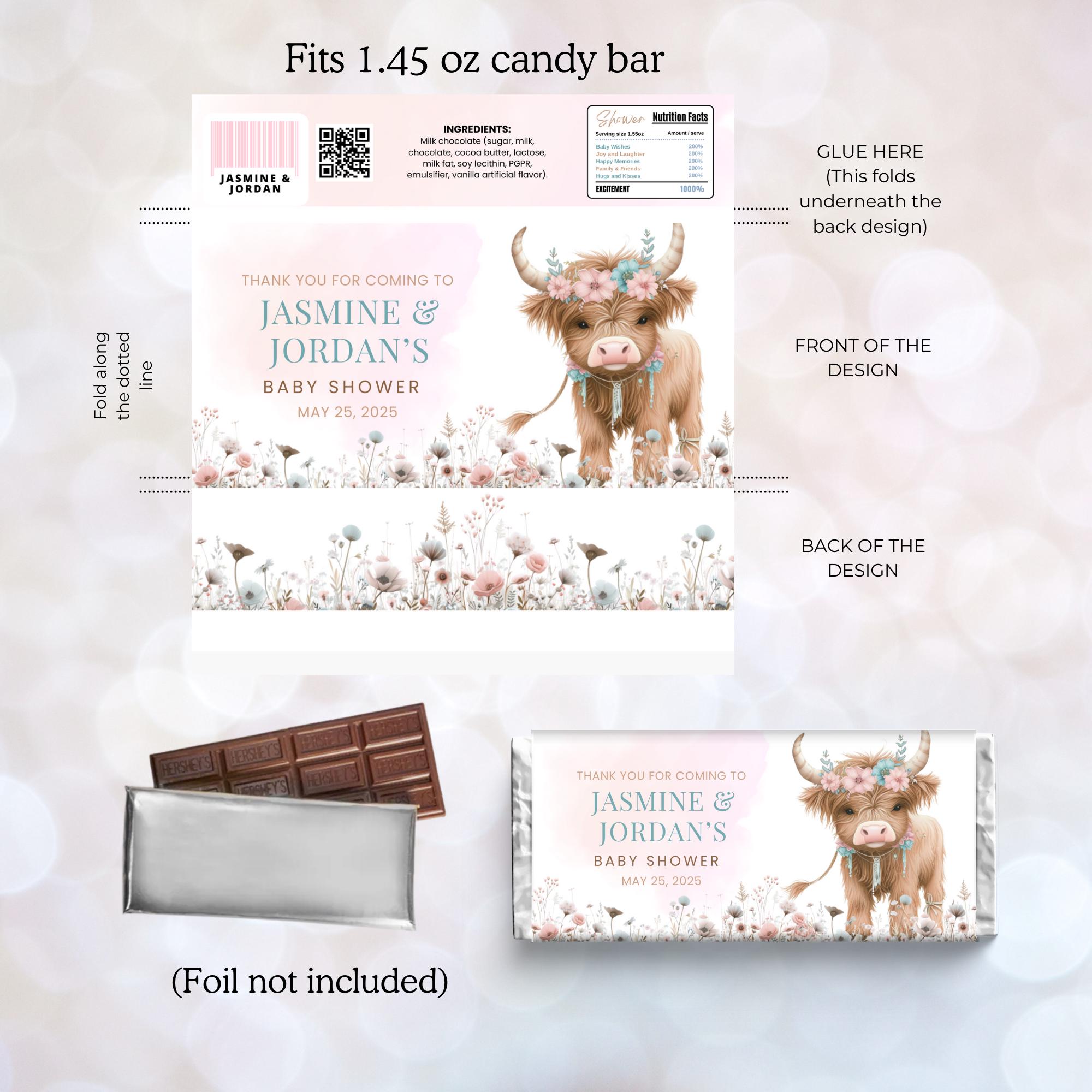 Pink Boho Highland Cow Chocolate Bar Wrapper, Candy Bar Wrapper, Custom ...