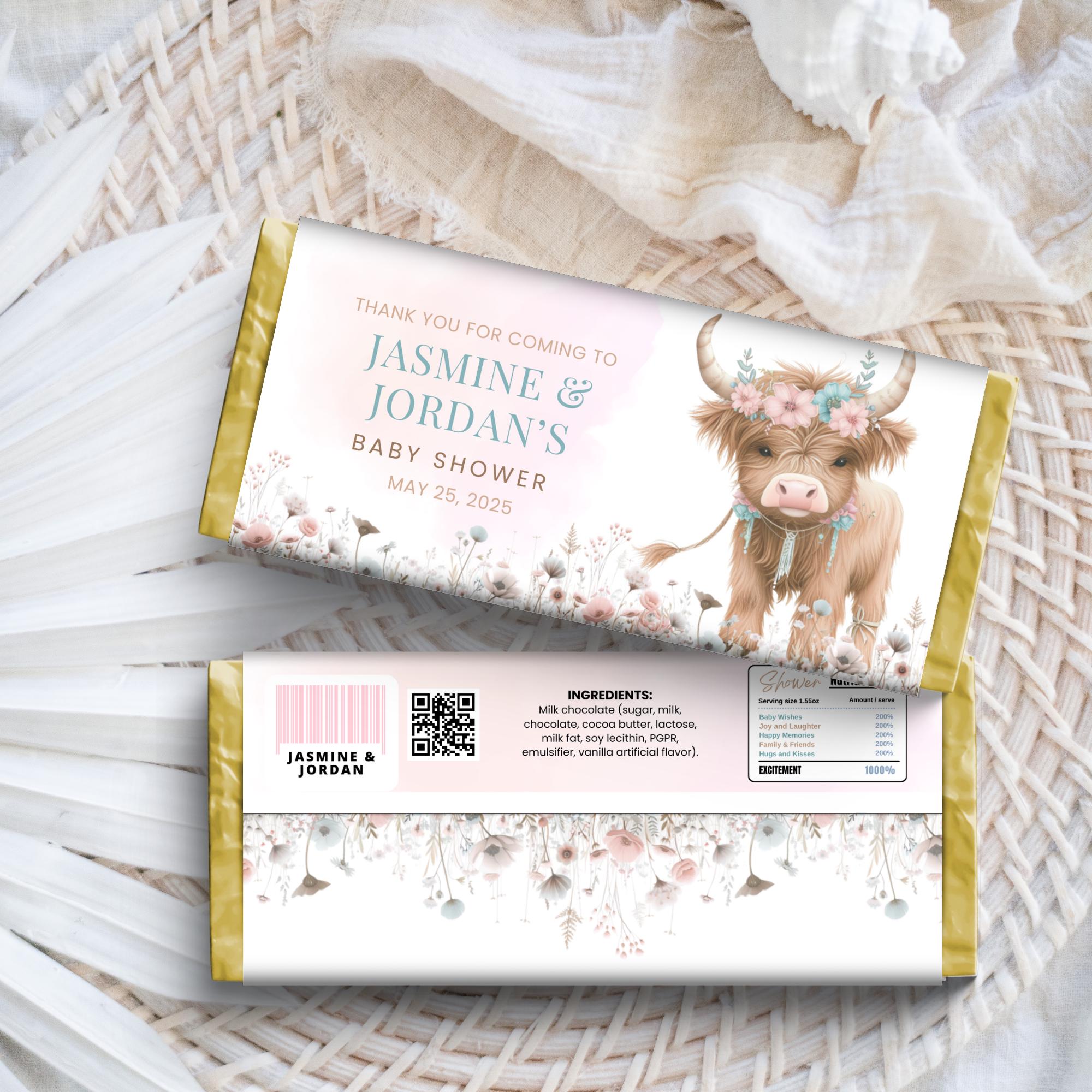 Pink Boho Highland Cow Chocolate Bar Wrapper, Candy Bar Wrapper, Custom ...