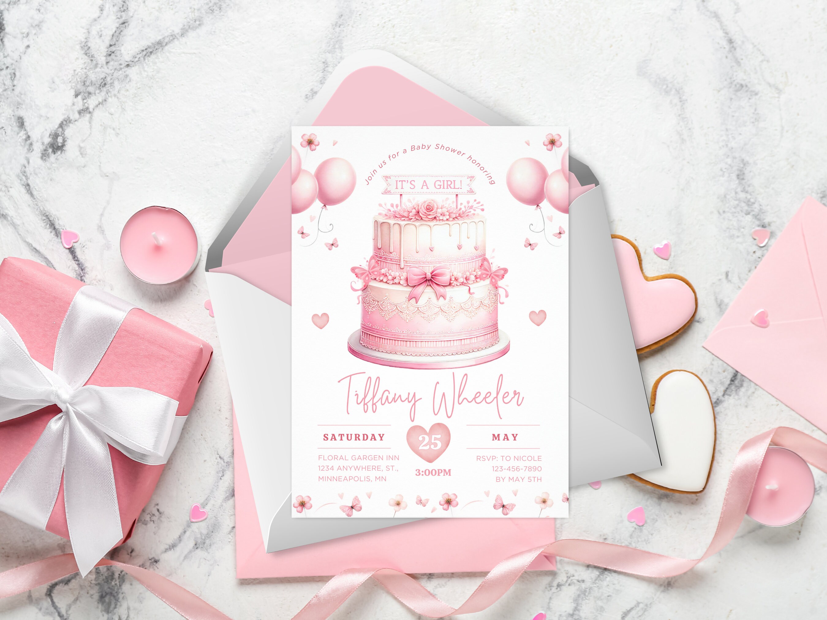 Its a Girl! Pink Cake Baby Shower Invitation, INSTANT DOWNLOAD, It's a ...
