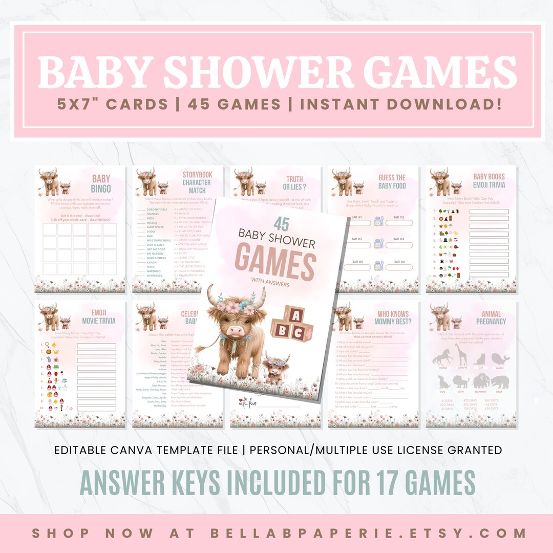 Highland Cow Baby Shower Game Bundle Editable, Girl Highland Cow Baby ...