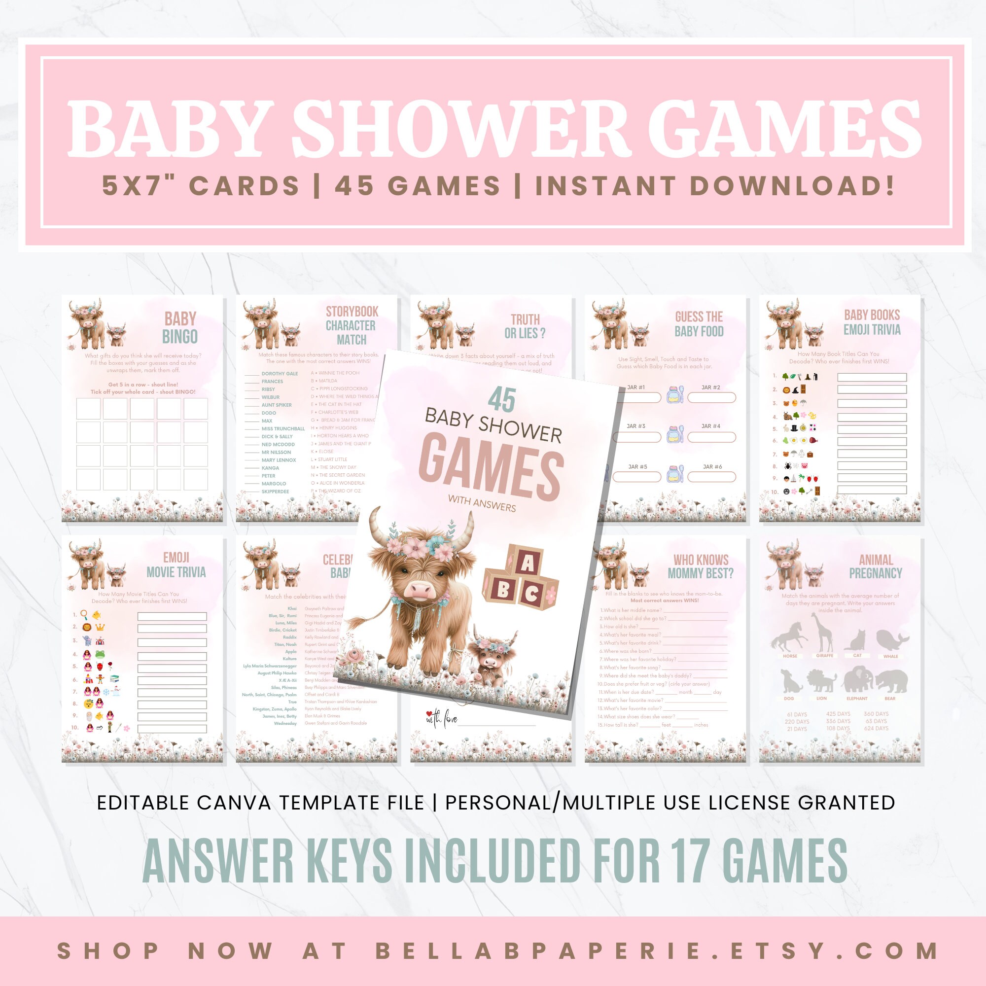 Highland Cow Baby Shower Game Bundle Editable, Girl Highland Cow Baby ...