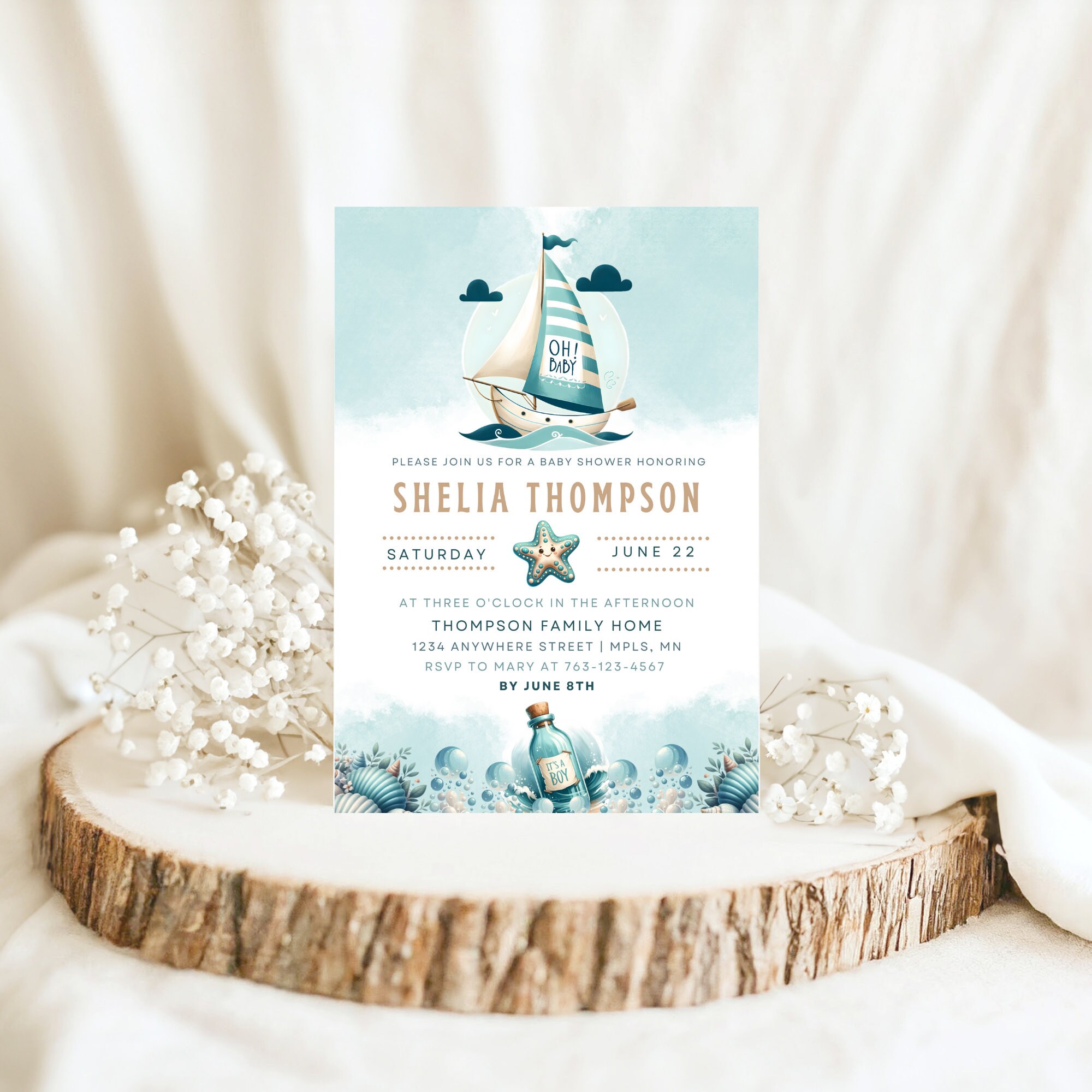 Nautical Baby Shower Invitation, INSTANT DOWNLOAD, Ocean Themed ...