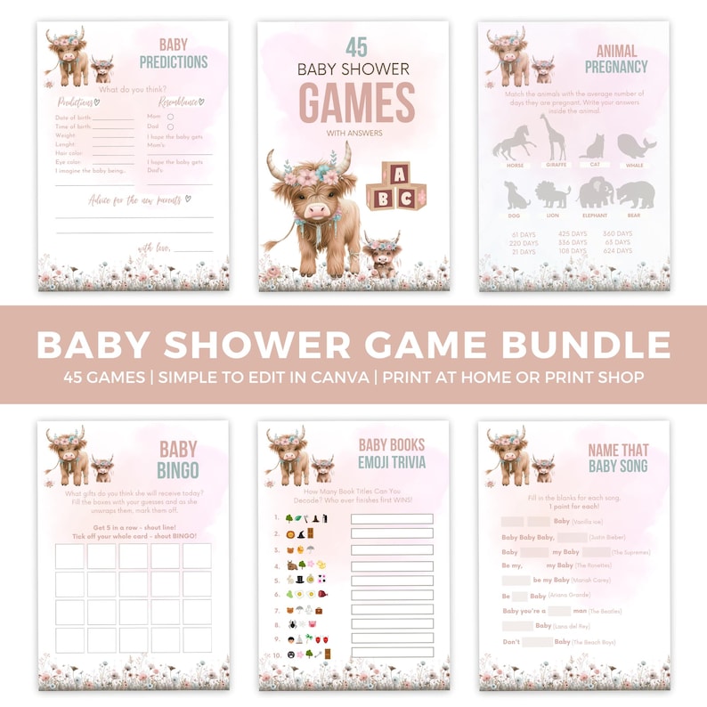 Highland Cow Baby Shower Game Bundle Editable, Girl Highland Cow Baby ...