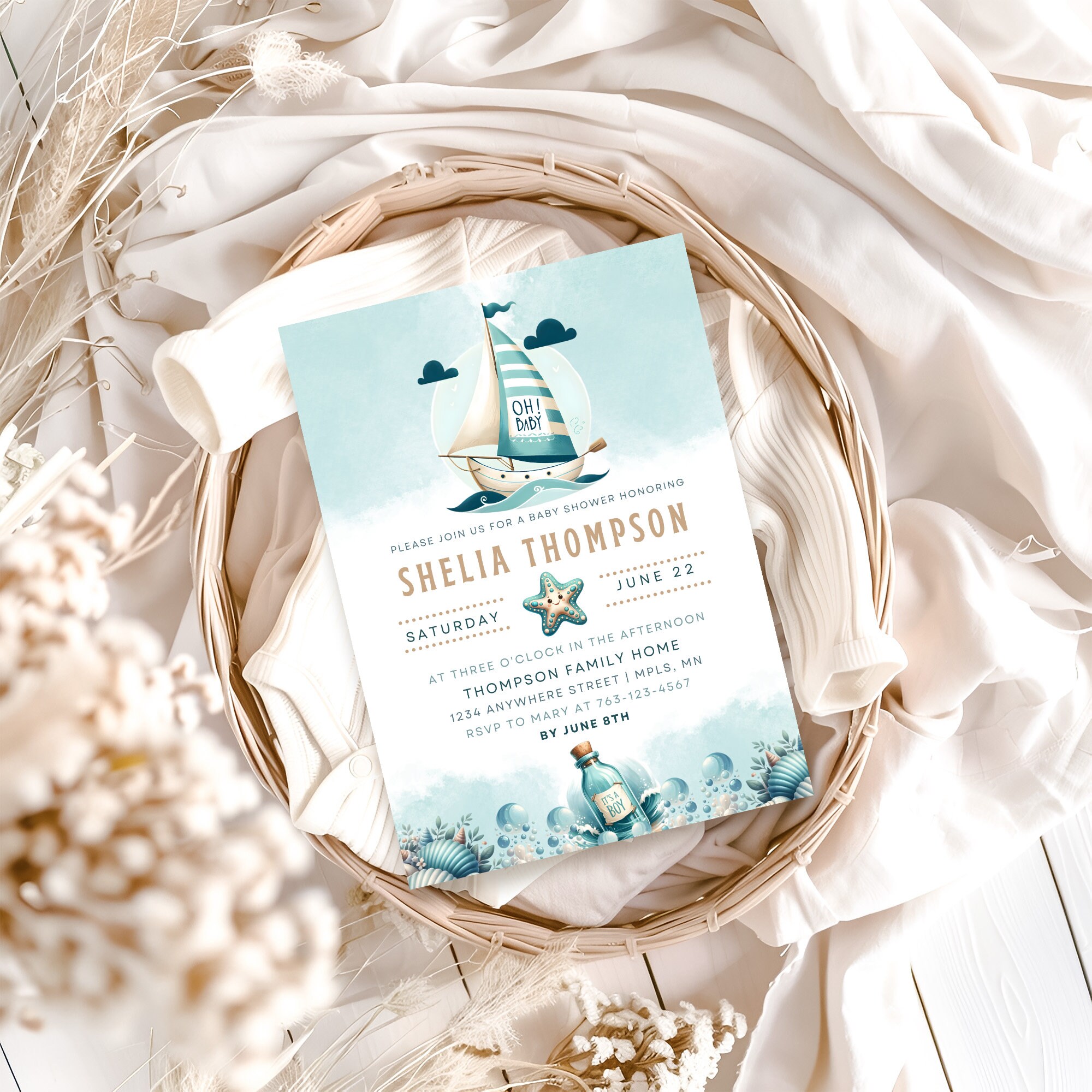 Nautical Baby Shower Invitation, INSTANT DOWNLOAD, Ocean Themed ...