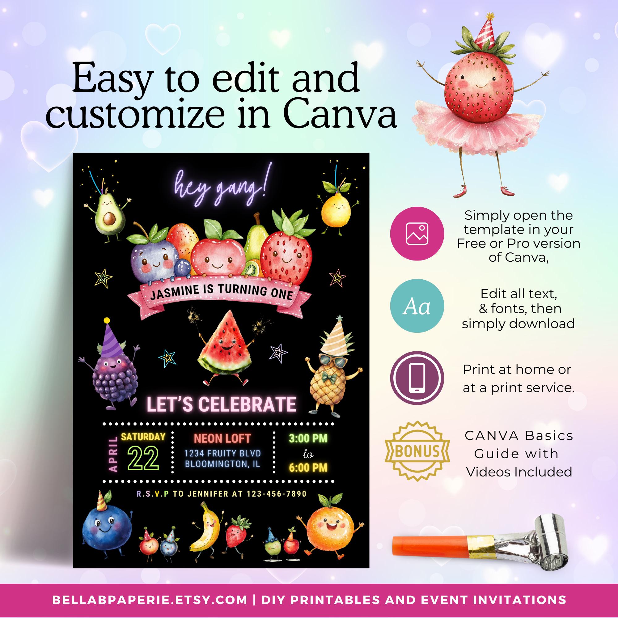 Dancing Fruit Birthday Invitation, Canva Template, Kawaii Dancing ...