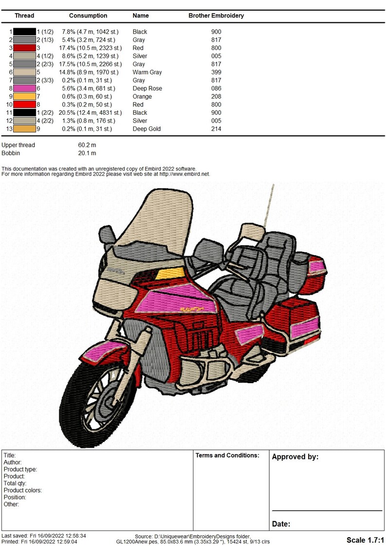 Honda GL1200 Goldwing Motorbike Embroidery Design - Instant Download ...
