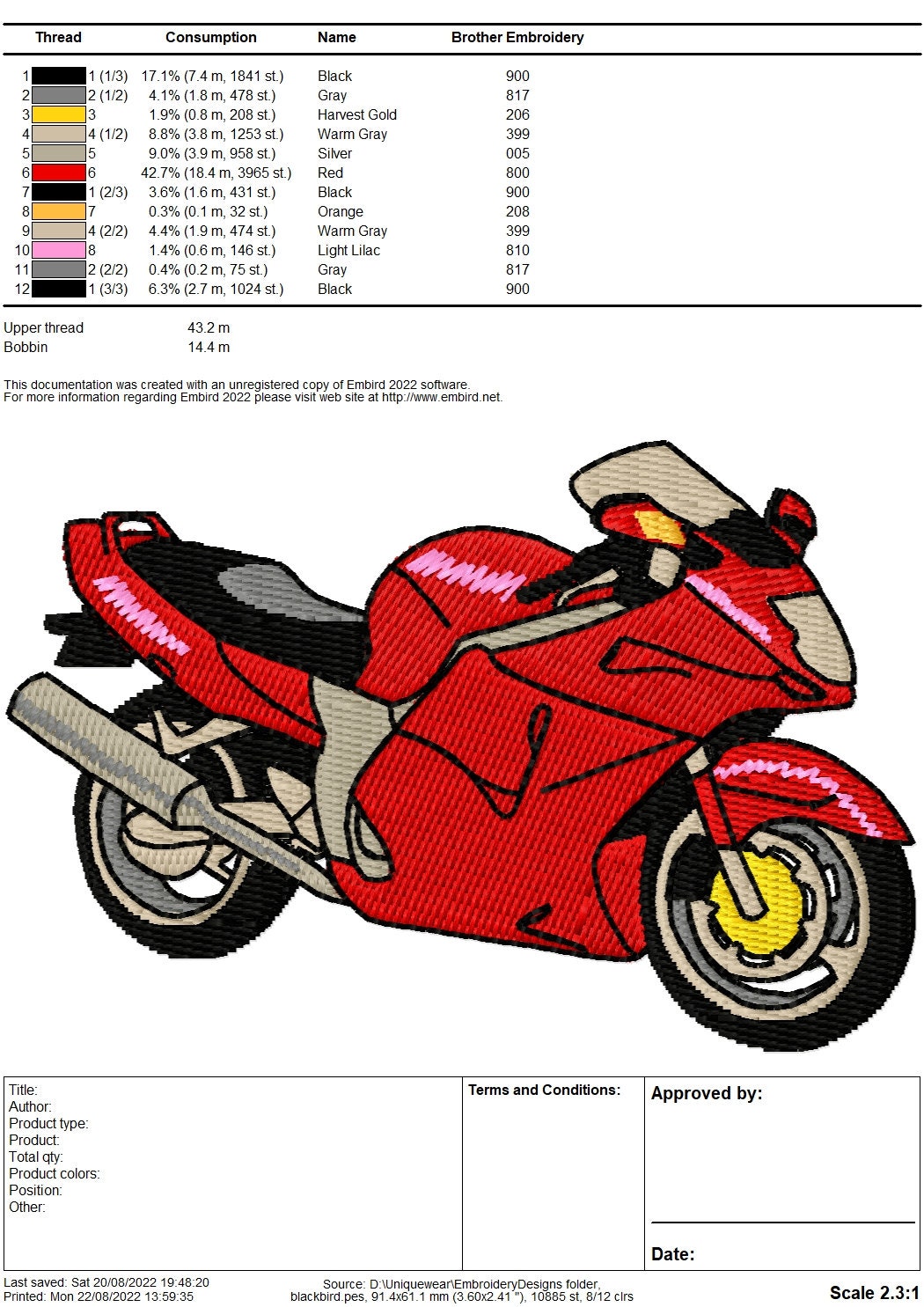 Honda CBR1100-XX Super Blackbird Motorbike Embroidery Design - Instant ...