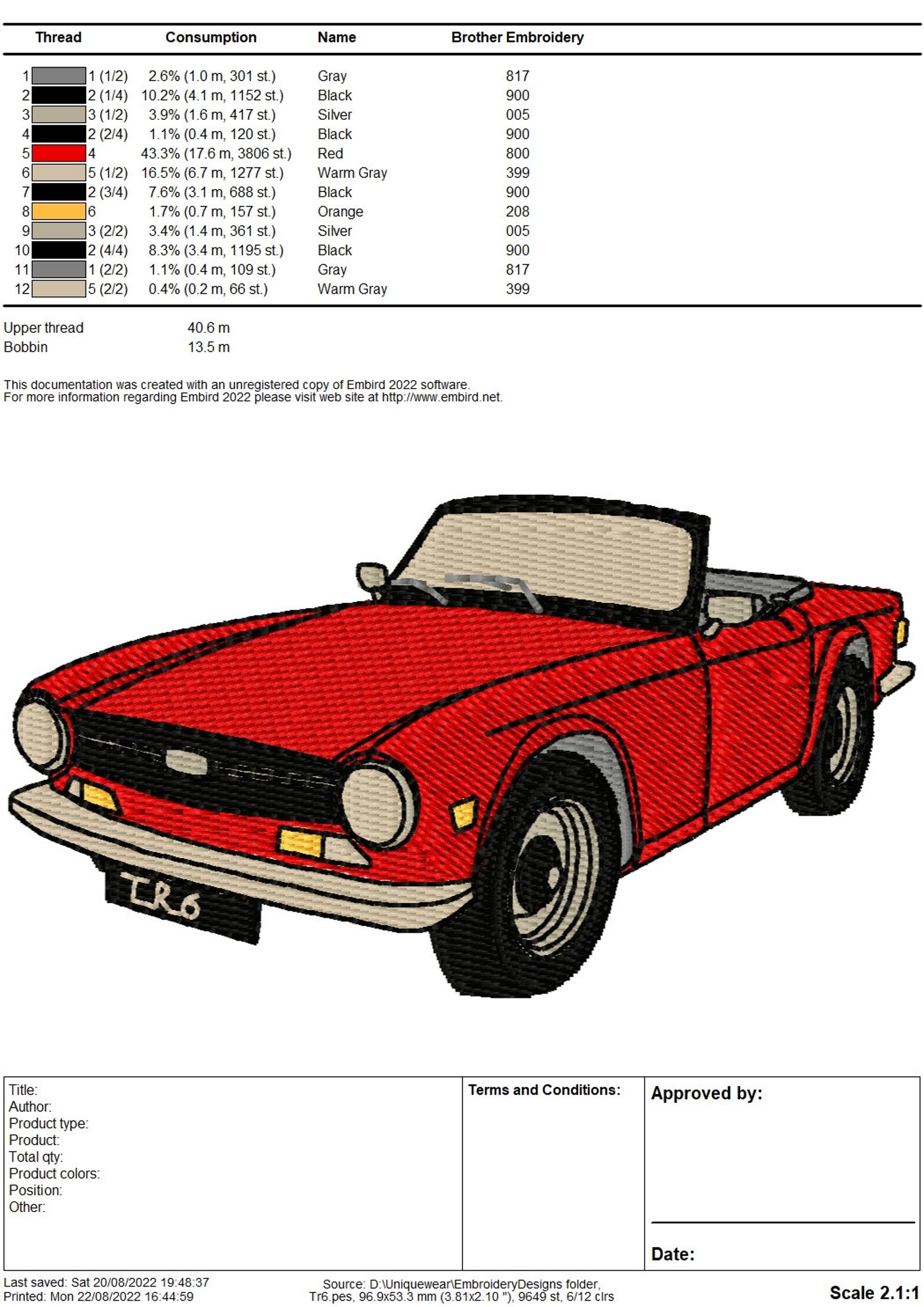 Triumph TR6 Car Embroidery Design Instant Download Classic Car British ...
