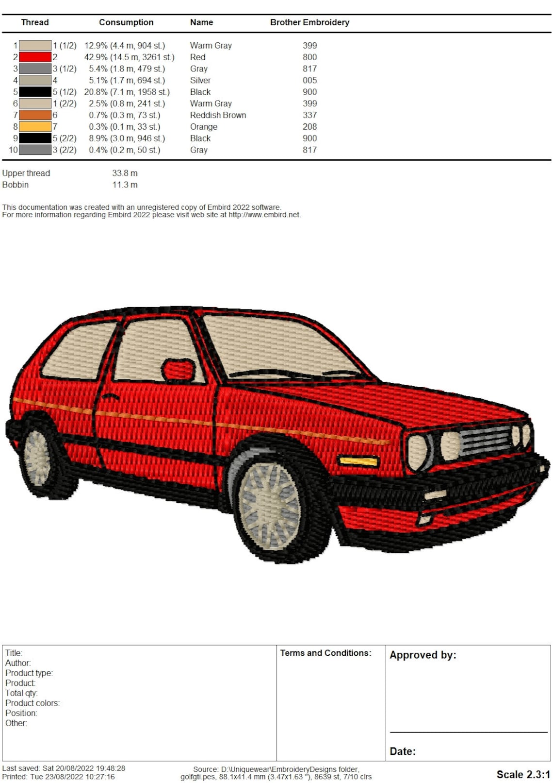 VW Golf GTI MK2 Car Embroidery Design - Instant Download - Classic Car ...