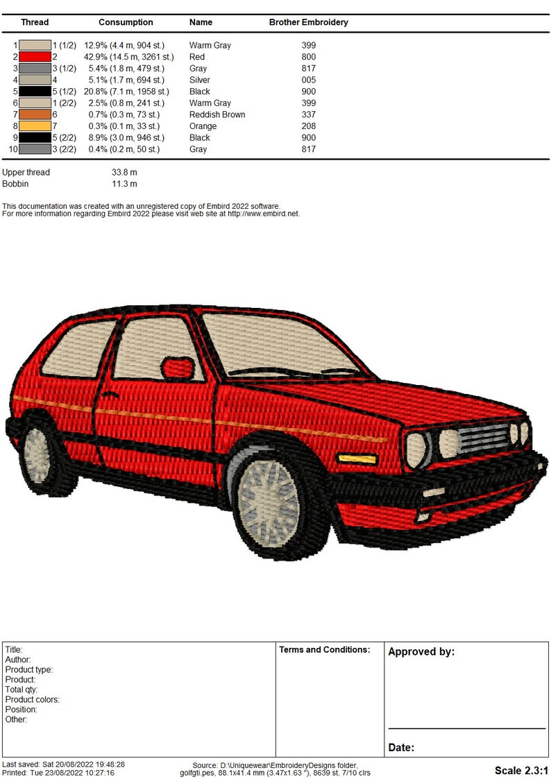 VW Golf GTI MK2 Car Embroidery Design - Instant Download - Classic Car ...