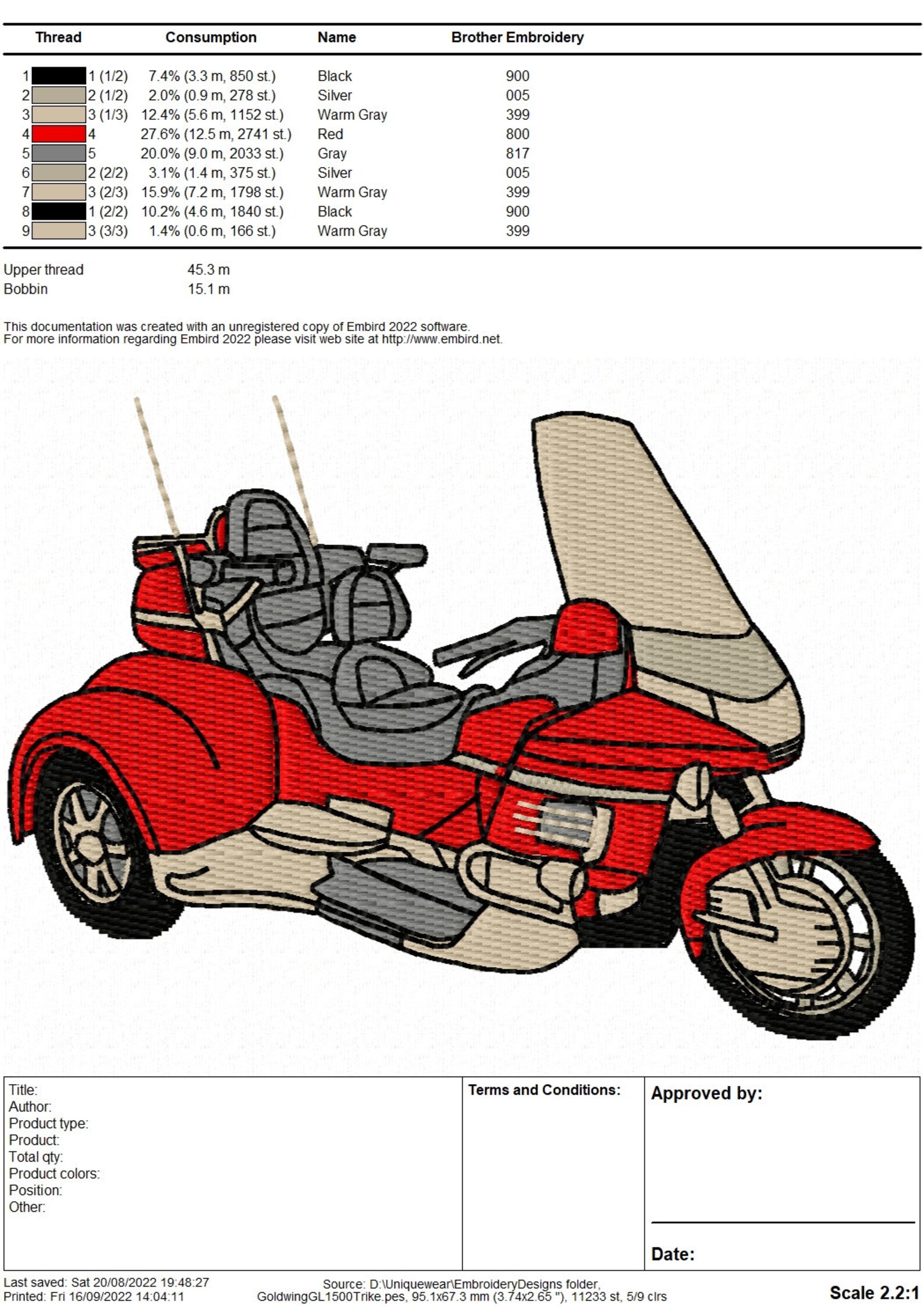 Goldwing GL1500 Trike Embroidery Design - Instant Download - Honda Gold ...