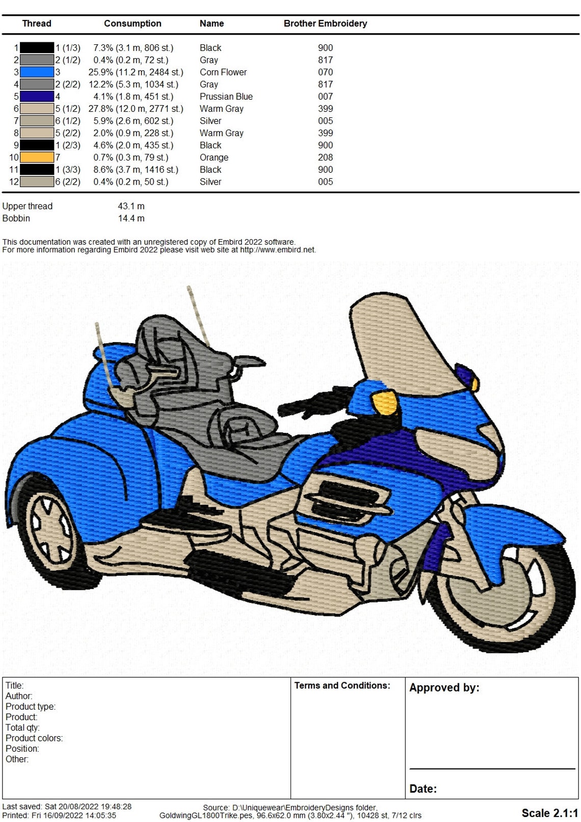 Goldwing GL1800 Trike Embroidery Design - Instant Download - Honda Gold ...