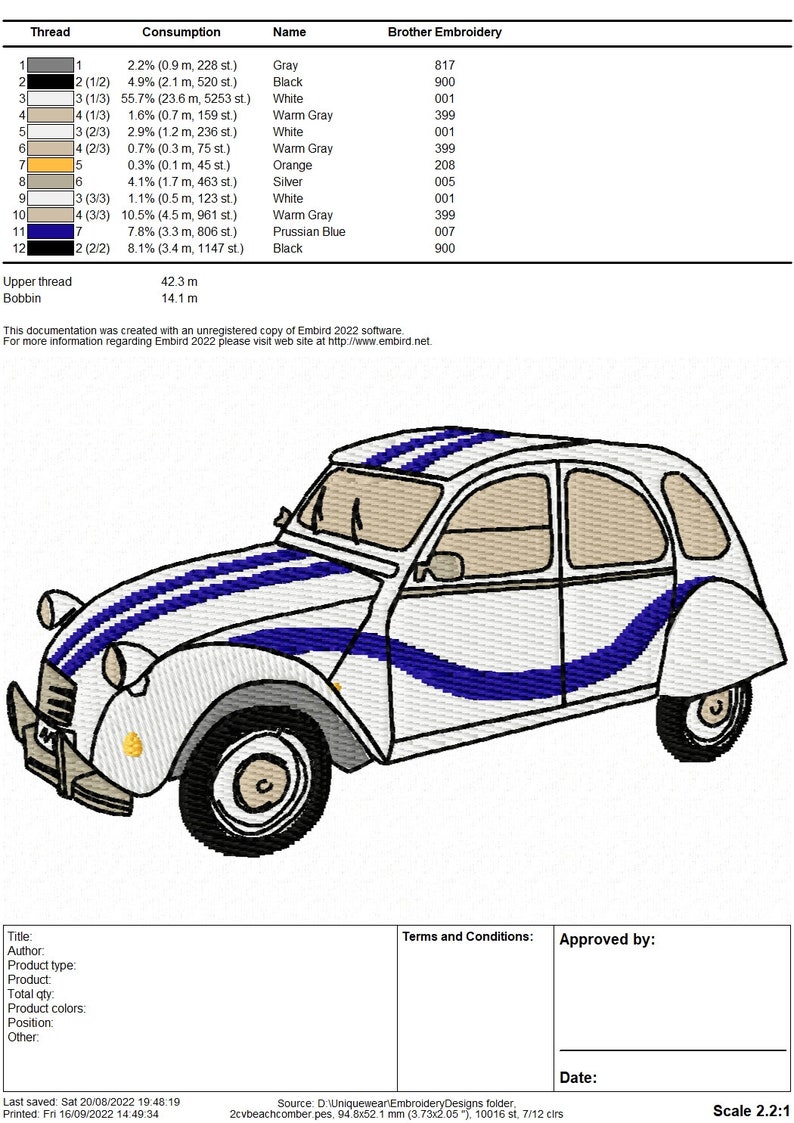Citroen 2CV Beachcomber Car Embroidery Design - Instant Download ...