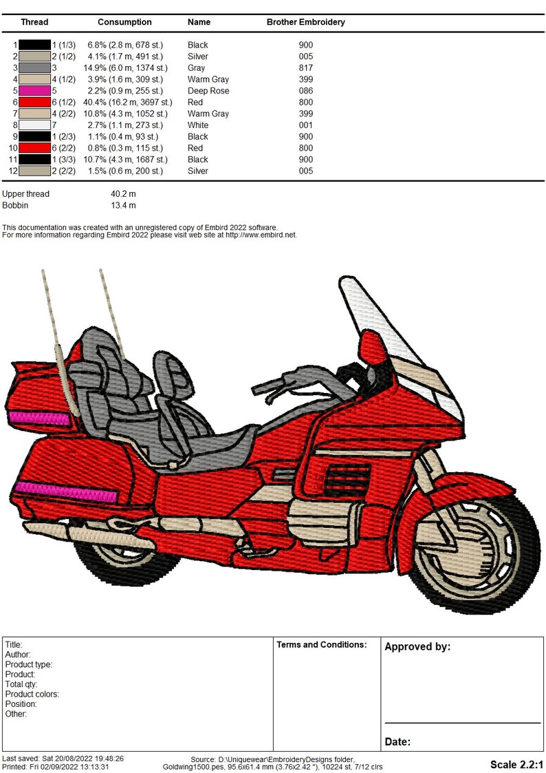 Goldwing GL1500 Motorbike Embroidery Design - Instant Download - Honda ...