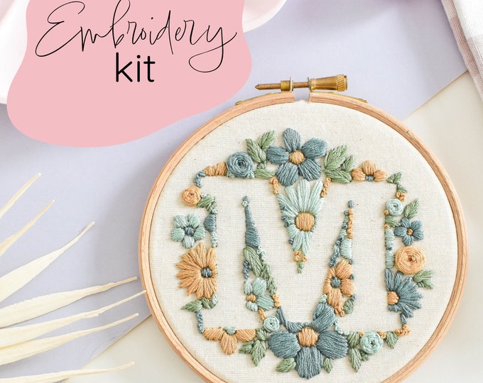 Floral Initial Embroidery Kit / Beginner Embroidery Kit / Flower ...