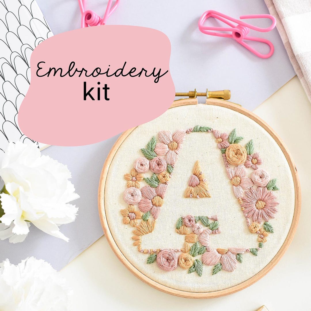 Floral Initial Embroidery Kit / Beginner Embroidery Kit / Flower ...