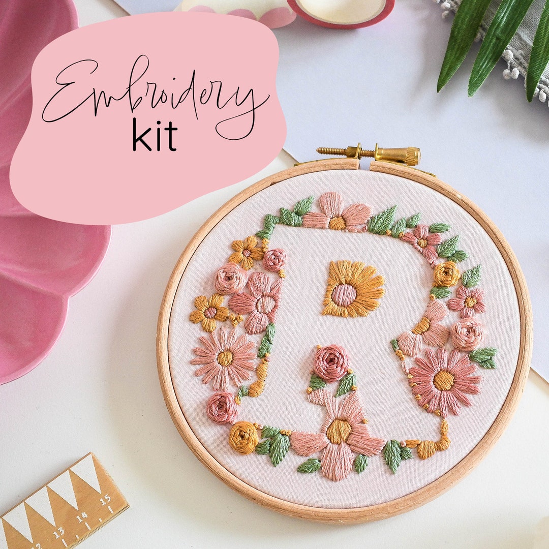 Coloured Fabric Floral Initial Embroidery Kit / Beginner Embroidery Kit ...