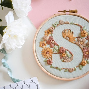 Coloured Fabric Floral Initial Embroidery Kit / Beginner Embroidery Kit ...