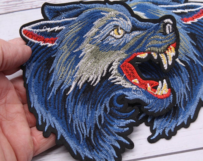 A Pair of Embroidered Blue Wolf Head Patches, Vintagewolf Head Patch for Clothing Custom Denim ...