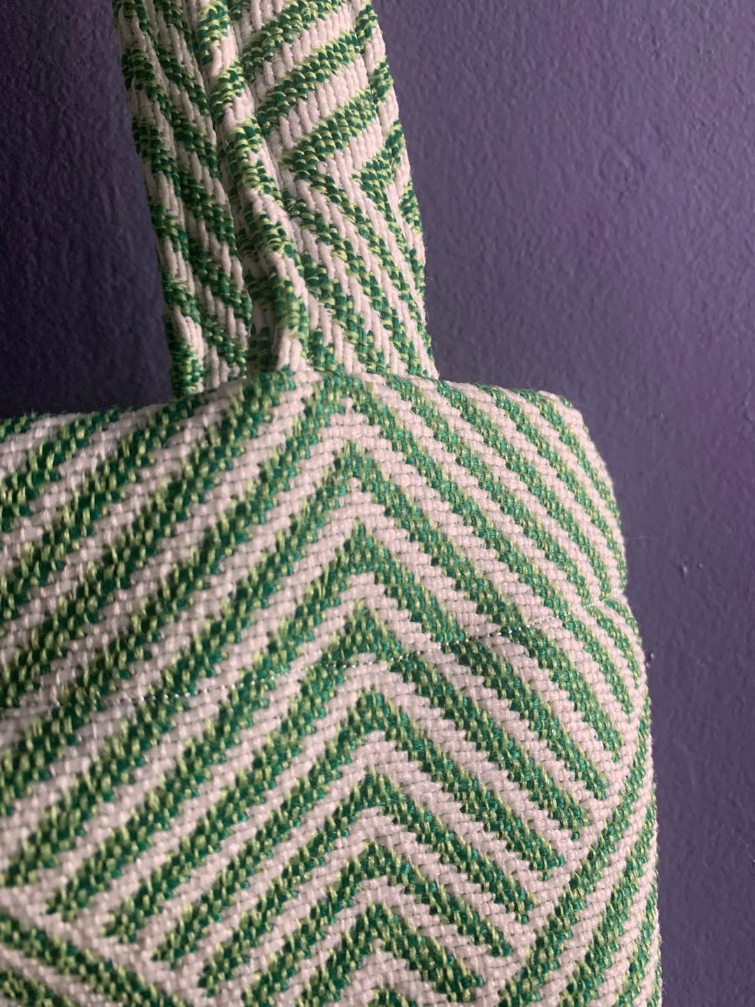 Green and White Zig Zag Pattern Up-cycled Upholstery Handmade Tote ...