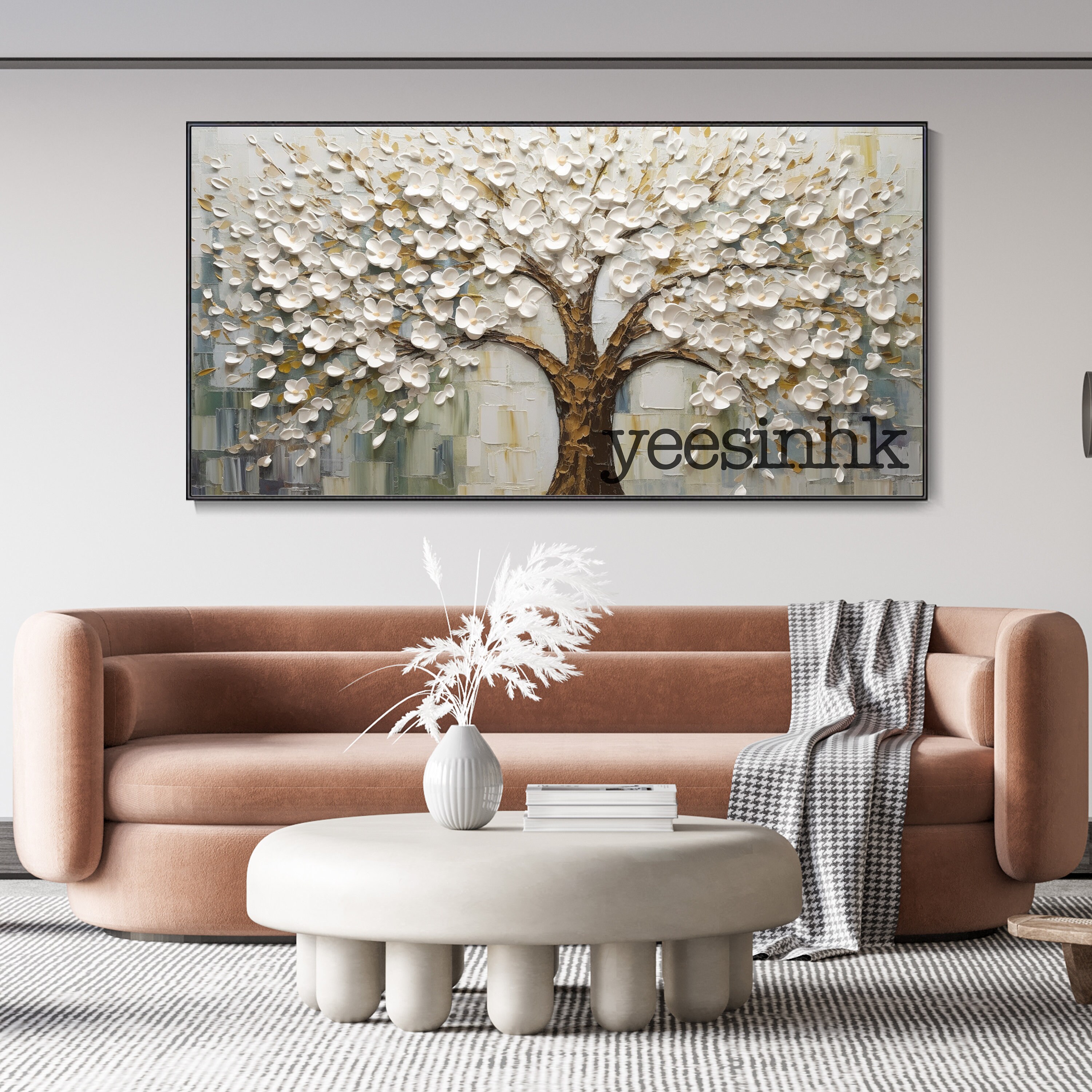 3D White Flower Tree Art, Tower Tree on Canvas Knife Painting, Textured ...