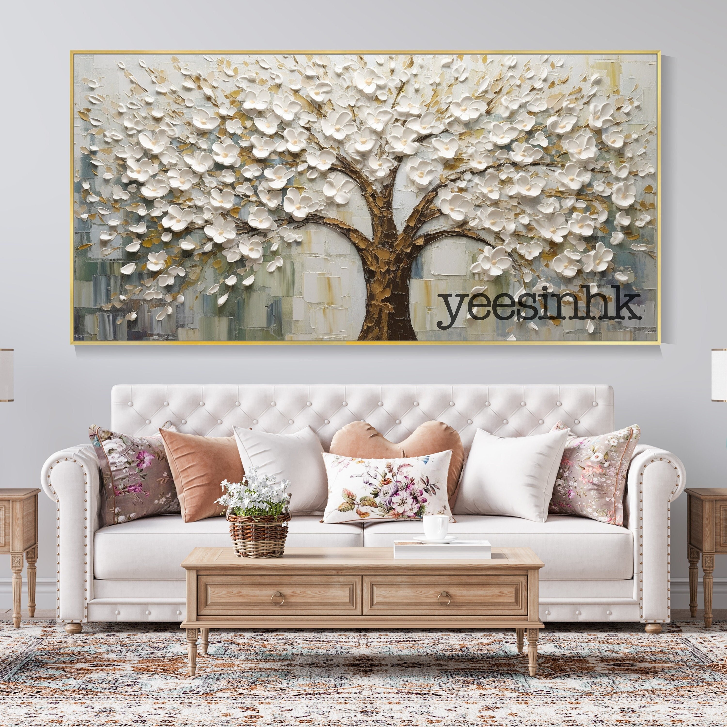 3D White Flower Tree Art, Tower Tree on Canvas Knife Painting, Textured ...