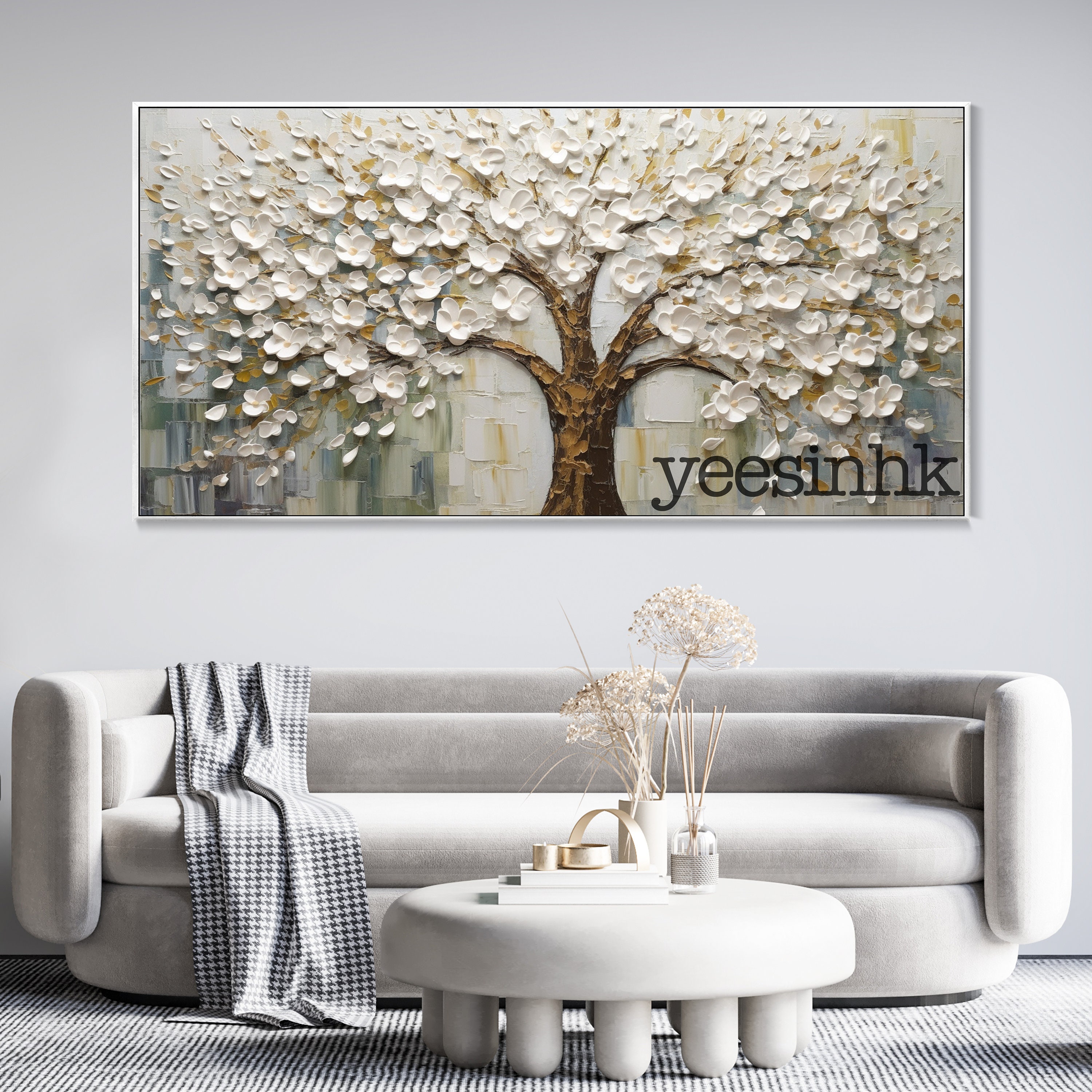 3D White Flower Tree Art, Tower Tree on Canvas Knife Painting, Textured ...