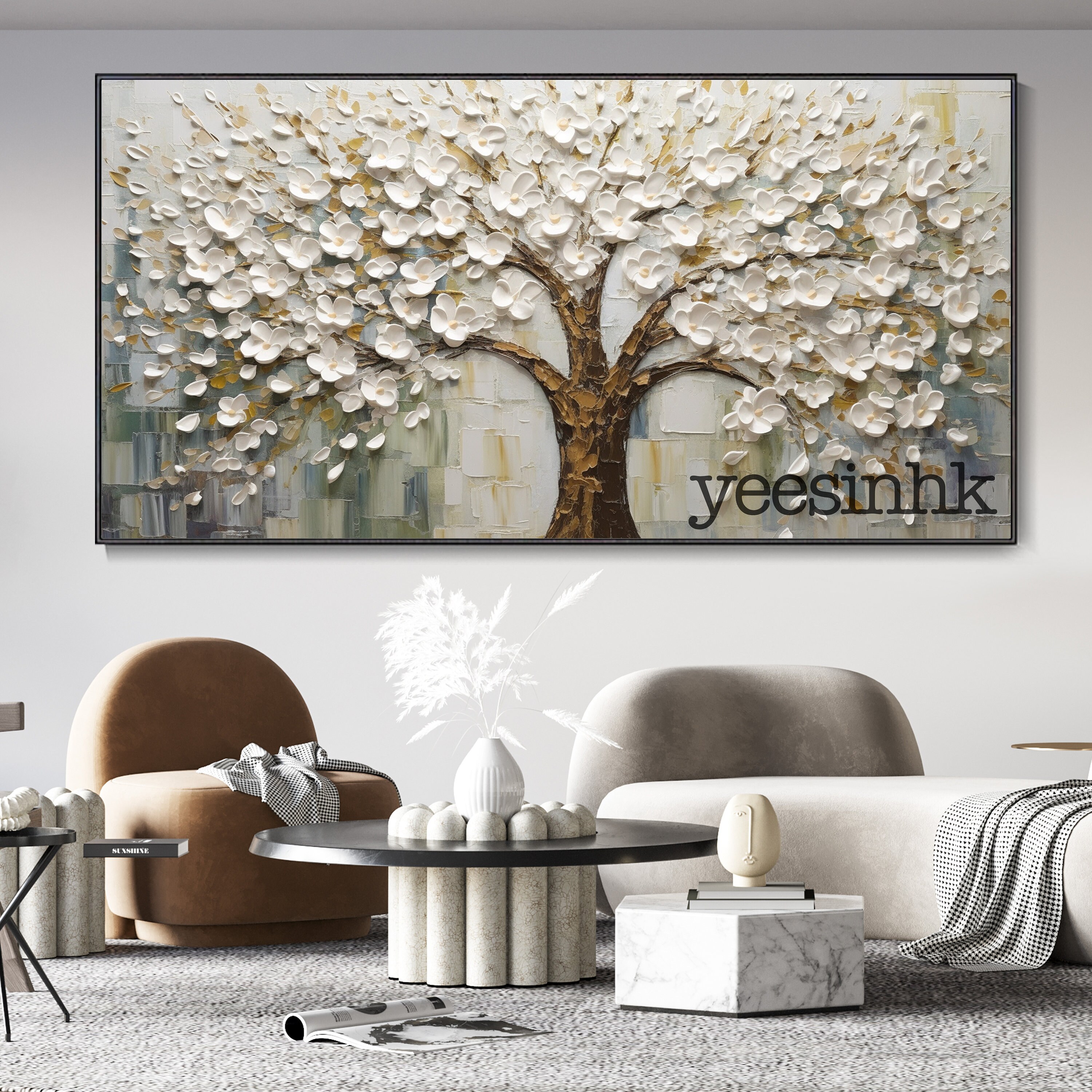3D White Flower Tree Art, Tower Tree on Canvas Knife Painting, Textured ...