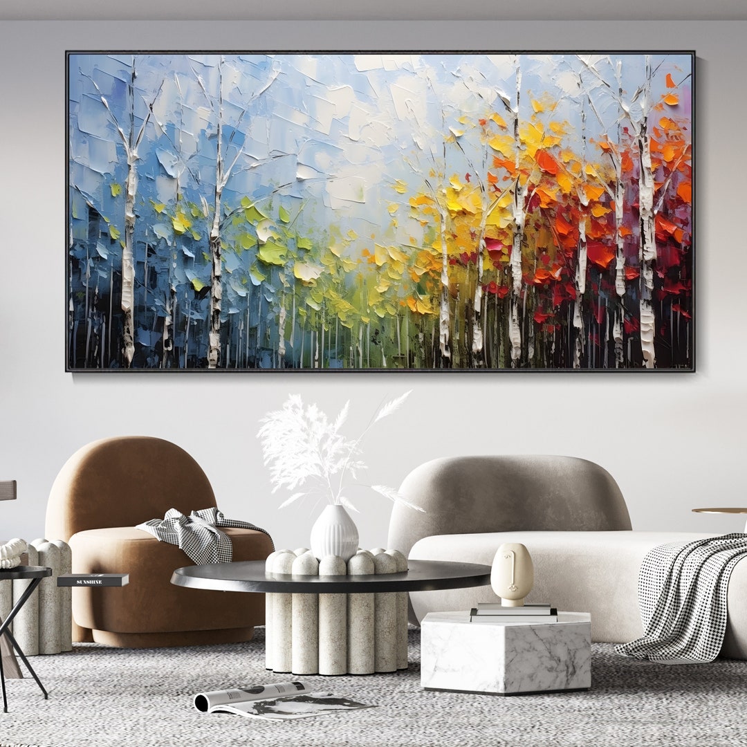 Large Original Canvas Oil Painting, Wall Decor Blue Sky and Colorful ...