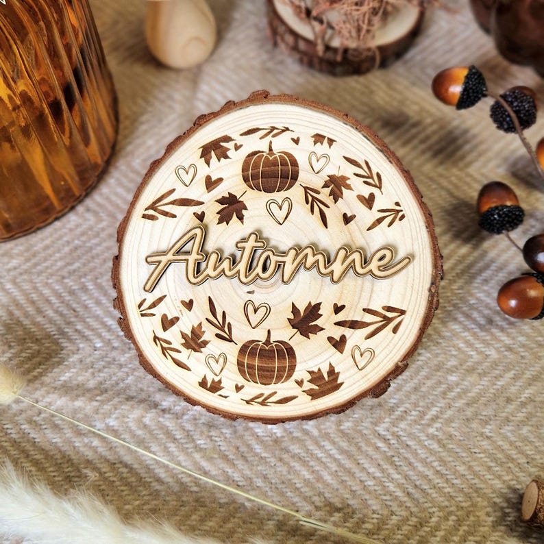 LARGE Engraved Wooden Log With Autumn Motif and Raised Wooden Writing ...