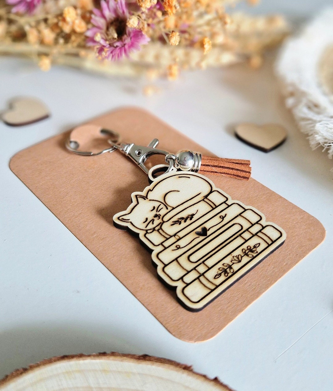 Cat Reading Battery Key Ring With Pompom - Etsy