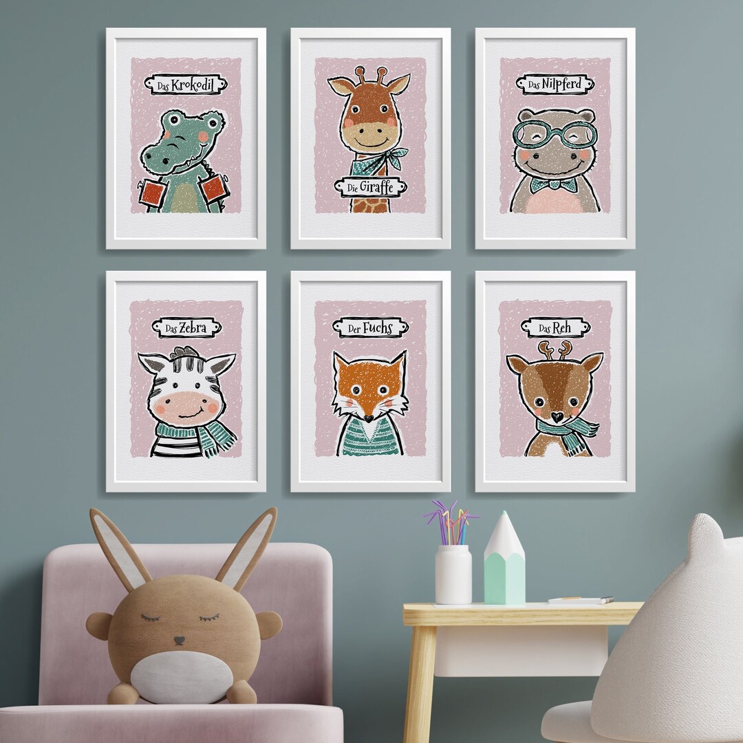 Animal Poster Set of 6, Children's Poster, Crocodile, Giraffe, Hippo ...