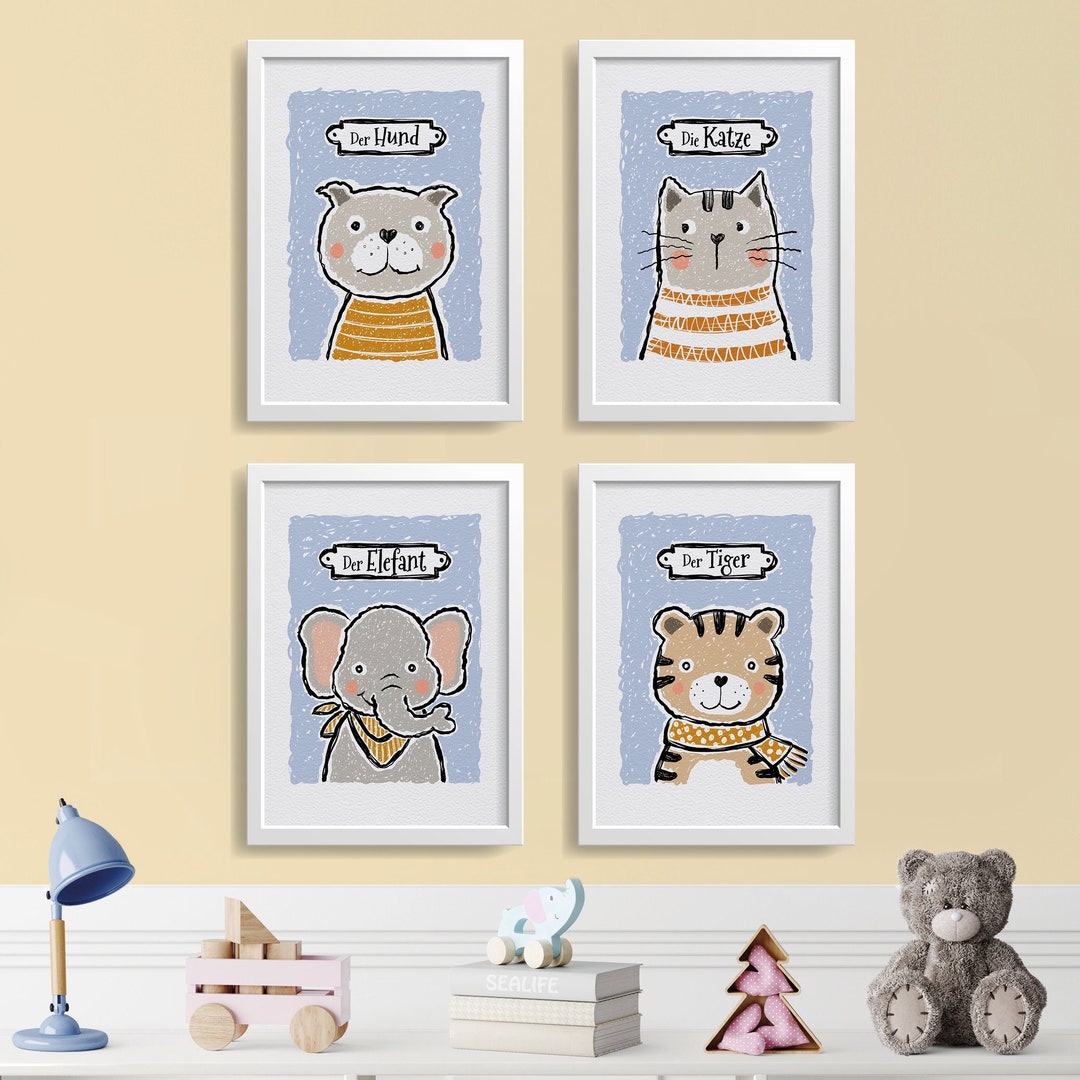 Animal Poster Set of 4, Children's Poster, Dog, Cat, Elephant and Tiger ...