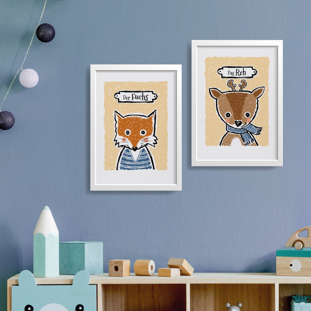 Animal Poster Set of 2, Children's Poster, Fox and Deer, Yellow ...
