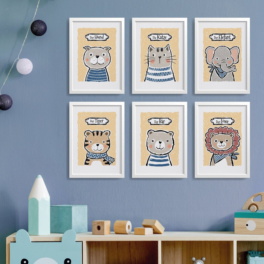 Animal Poster Set of 6, Children's Poster, Dog, Cat, Elephant, Tiger ...