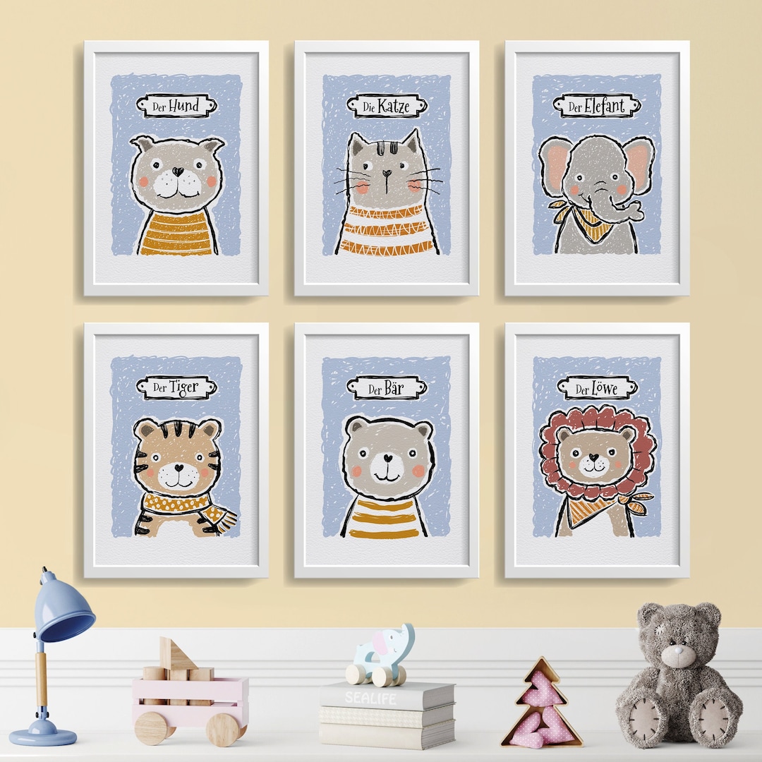 Animal Poster Set of 6, Children's Poster, Dog, Cat, Elephant, Tiger ...
