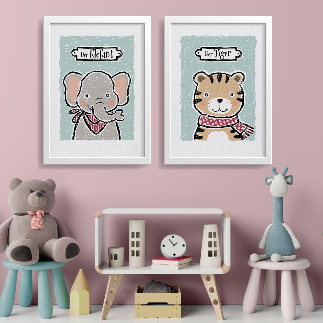 Animal Poster Set of 2, Children's Poster, Elephant and Tiger, Green ...