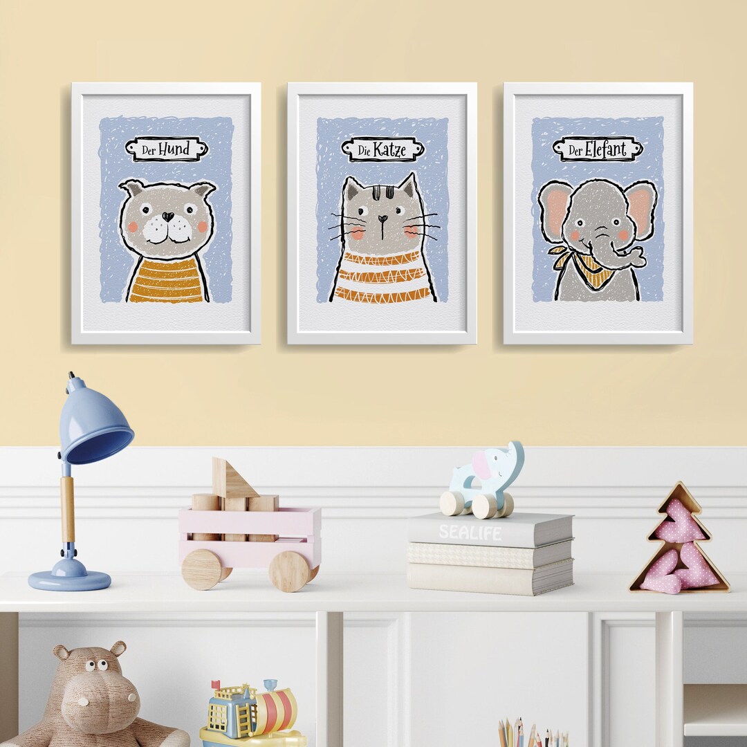Animal Poster Set of 3, Children's Poster, Dog, Cat and Elephant, Blue ...