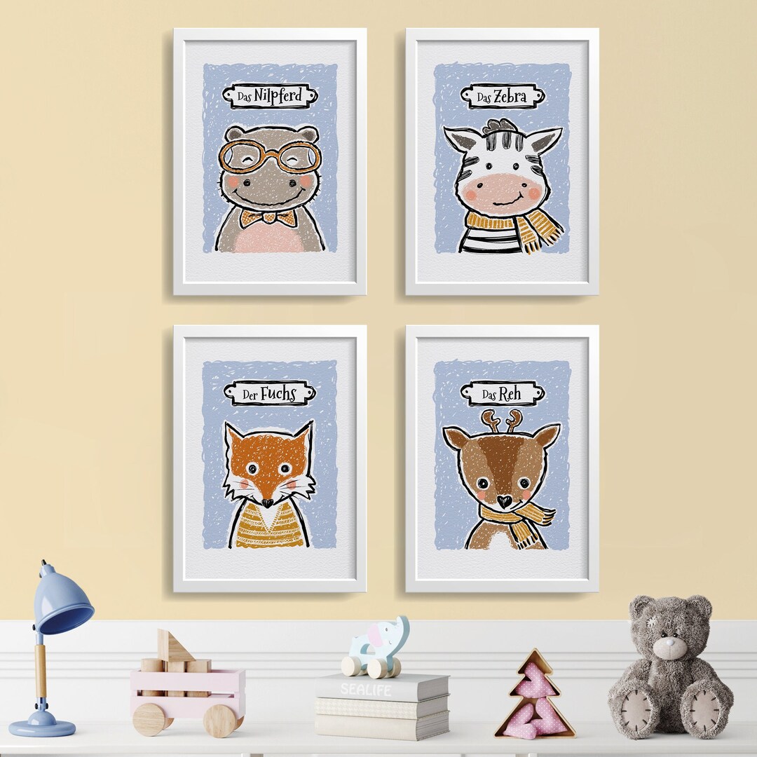 Animal Poster Set of 4, Children's Poster, Hippopotamus, Zebra, Fox and ...