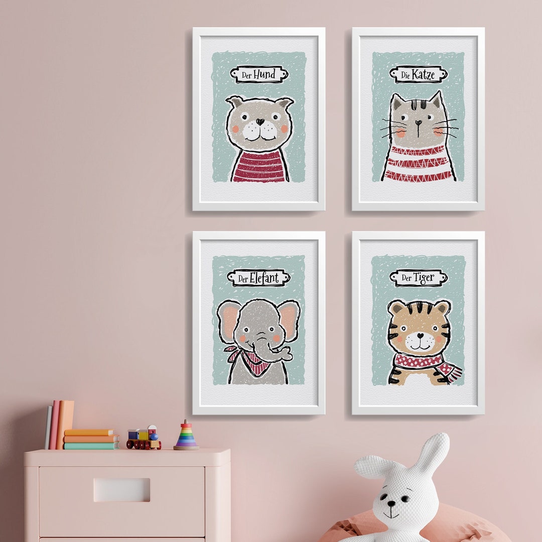 Animal Poster Set of 4, Children's Poster, Dog, Cat, Elephant and Tiger ...